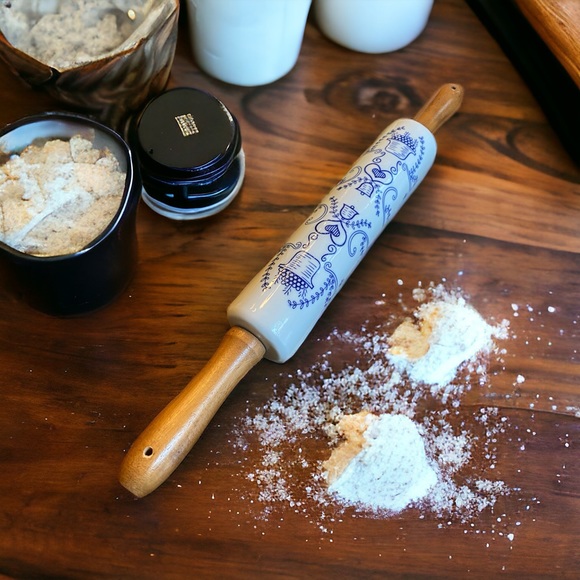 Kitchen | Vintage Porcelain Ceramic Rolling Pin Blue On White With Wood ...